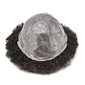 Curve Hair Afro Curl Mens Toupee Full Poly Skin Skin PU Injection Human Hair Replacement Systems African American THIN SKIN Man Weave Hair Unit 8X10inch (8"X10", 1Jet Black-10mm Wave Curl)