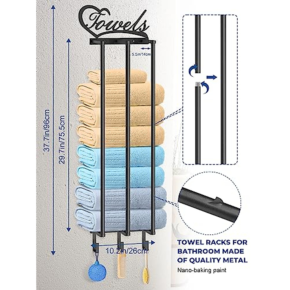 Towel Racks for Bathroom Wall Mounted, New Upgraded 3 in 1 Wall Towel Rack for Rolled Towels, Bathroom Towel Storage with 3 Hooks, Metal Bath Towel Holder for Folded Large Towel Washcloths (Black)