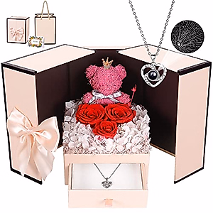 digi marker Preserved Rose Moss Bear with 100 I Love You Necklace Stocking Stuffers Gifts for Women Girlfriend Wife Mom Grandma Christmas Valentines Mothers Day Birthday Anniversary
