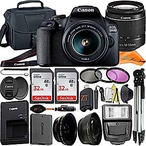 Canon EOS 2000D (Rebel T7) Digital SLR Camera 24.1MP Sensor with 18-55mm Lens + ZeeTech Accessory Bundle, 2 Pack SanDisk 32GB Memory Card, Telephoto & Wideangle Lens, Filter Kit and Case (Renewed)