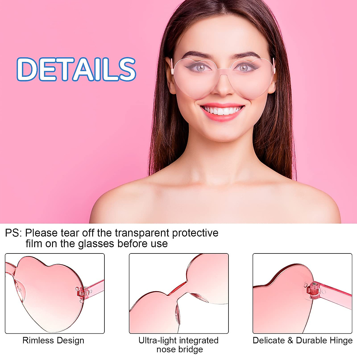 Coume 100 Pairs Rimless Heart Sunglasses Transparent Heart Shaped Glasses Frameless Fashion Women's Sunglasses Eyewear for Party Favor, Pink
