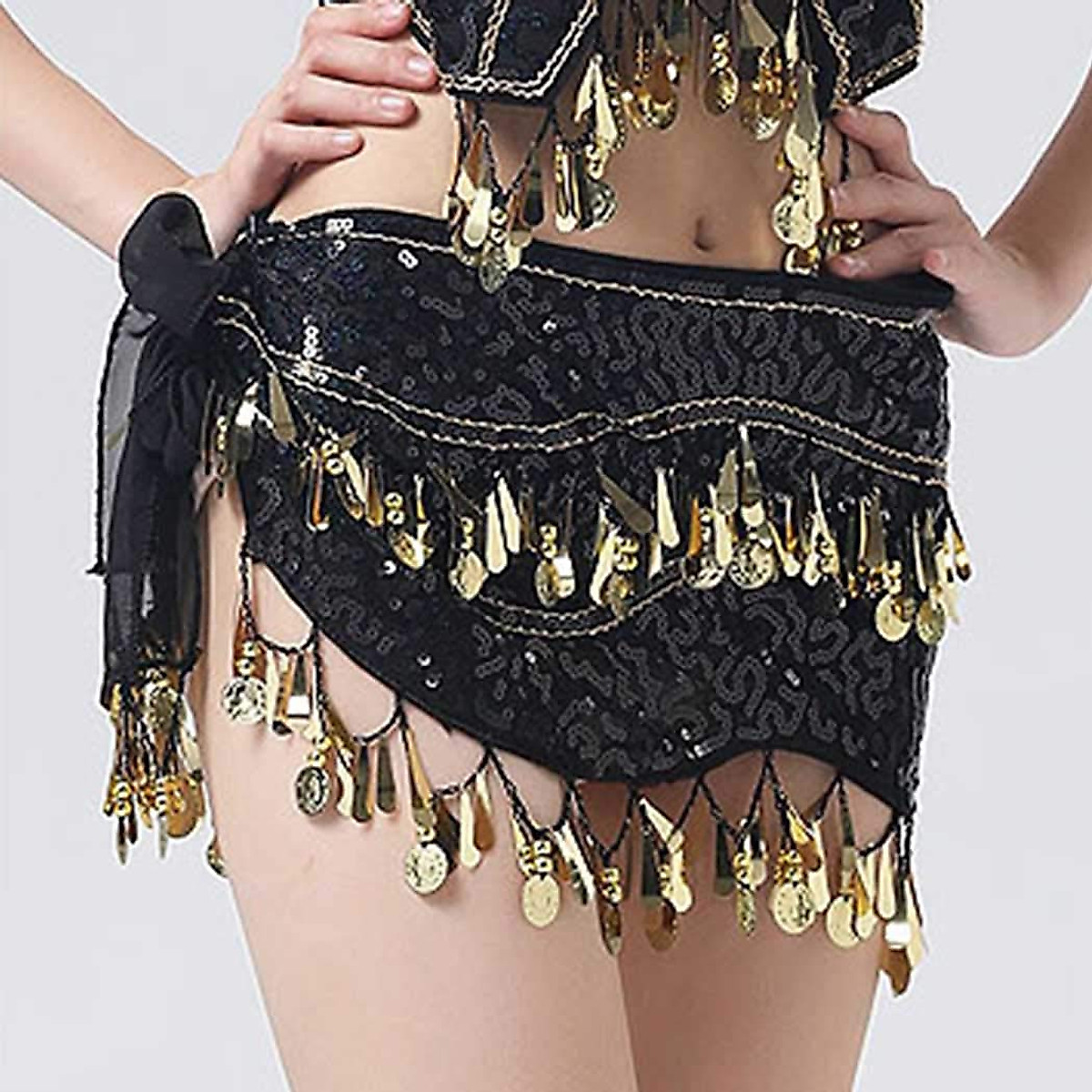 Kakaco Women Belly Dance Skirt Sequin Wrap Skirts Rave Hip Scarf Skirt Costume (Black)