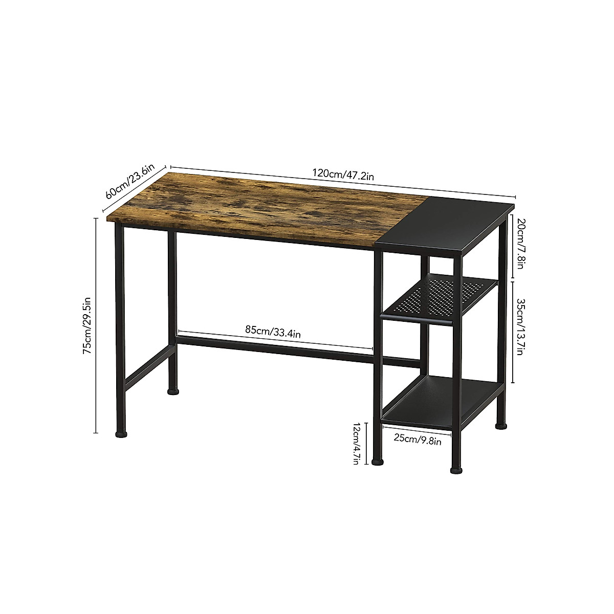 Computer Desk with Storage Shelves, 47” Home Office Writing Study Laptop Table with Grid Drawer and Splice Board, Modern Industrial Style, Wood and Metal Frame