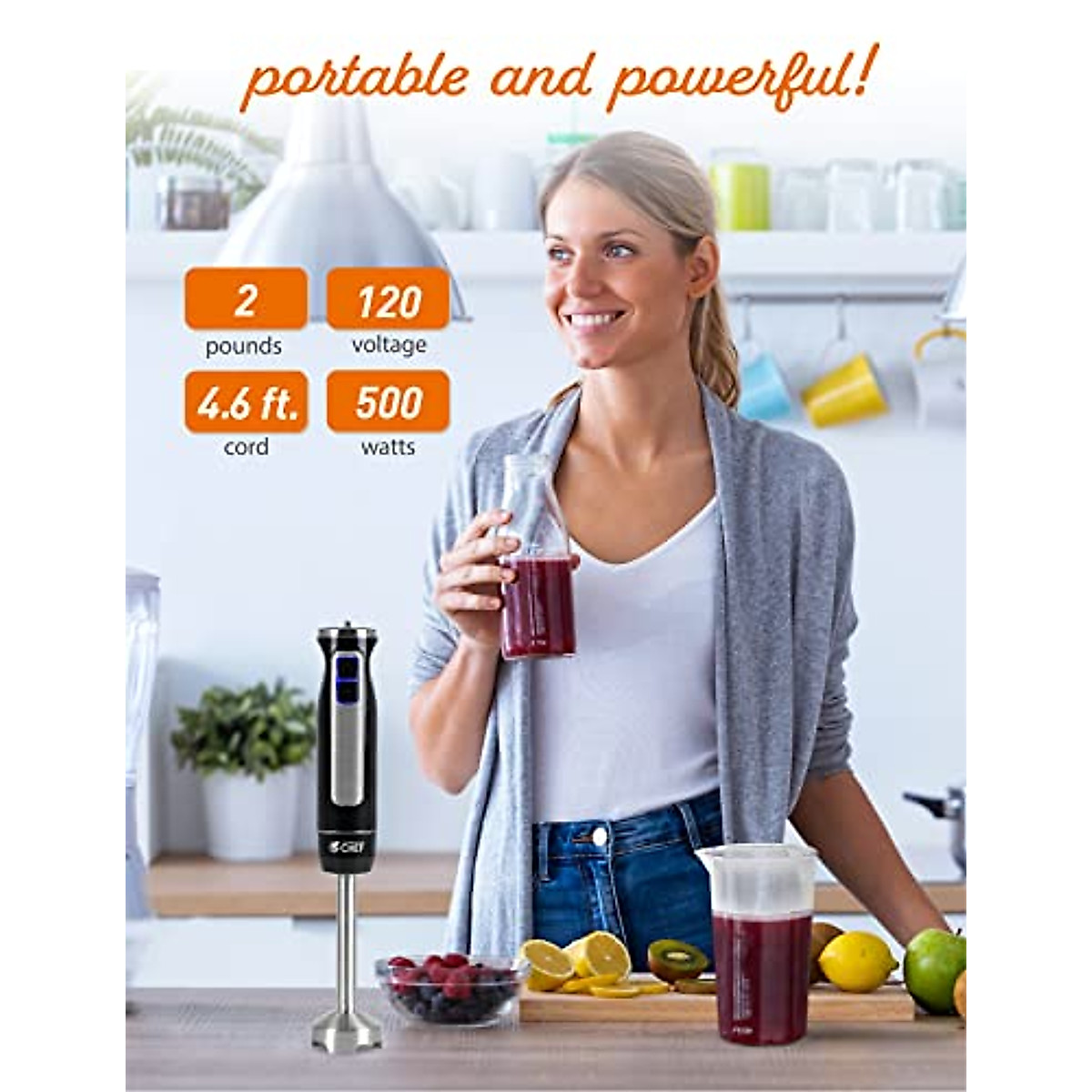 COMMERCIAL CHEF Immersion Blender, Multi-Purpose Immersion Hand Blender with Stainless Steel Blade, Handheld Mixer with 8 Variable Speed Options