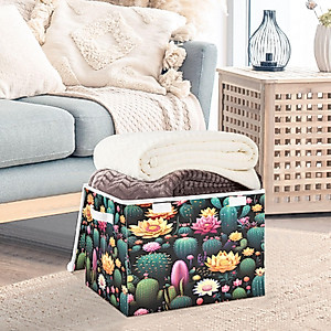 FUGIDOG Storage Boxes with Lids and Handles Watercolour Cactus Foldable Fabric Storage Bins Closet Organizer Large Toy Clothes Containers for Home, Bedroom, Shelves, Office