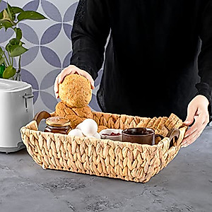 ADO Basics Large Water Hyacinth Hand Woven Basket with Stain Resistant Polished Wooden Handles, Storage Wicker Baskets 15" Length, 10.6" Width, 5.3" Height, Set of 2