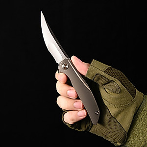 CMB Made Knives CMB Sasori Belt Satin M390 Steel Hollow Grindin Blade 6AL4V Titanium Frame Lock Outdoor Camping Knives Survival Backpacking Work Knife CMB-15 (Faint yellow)