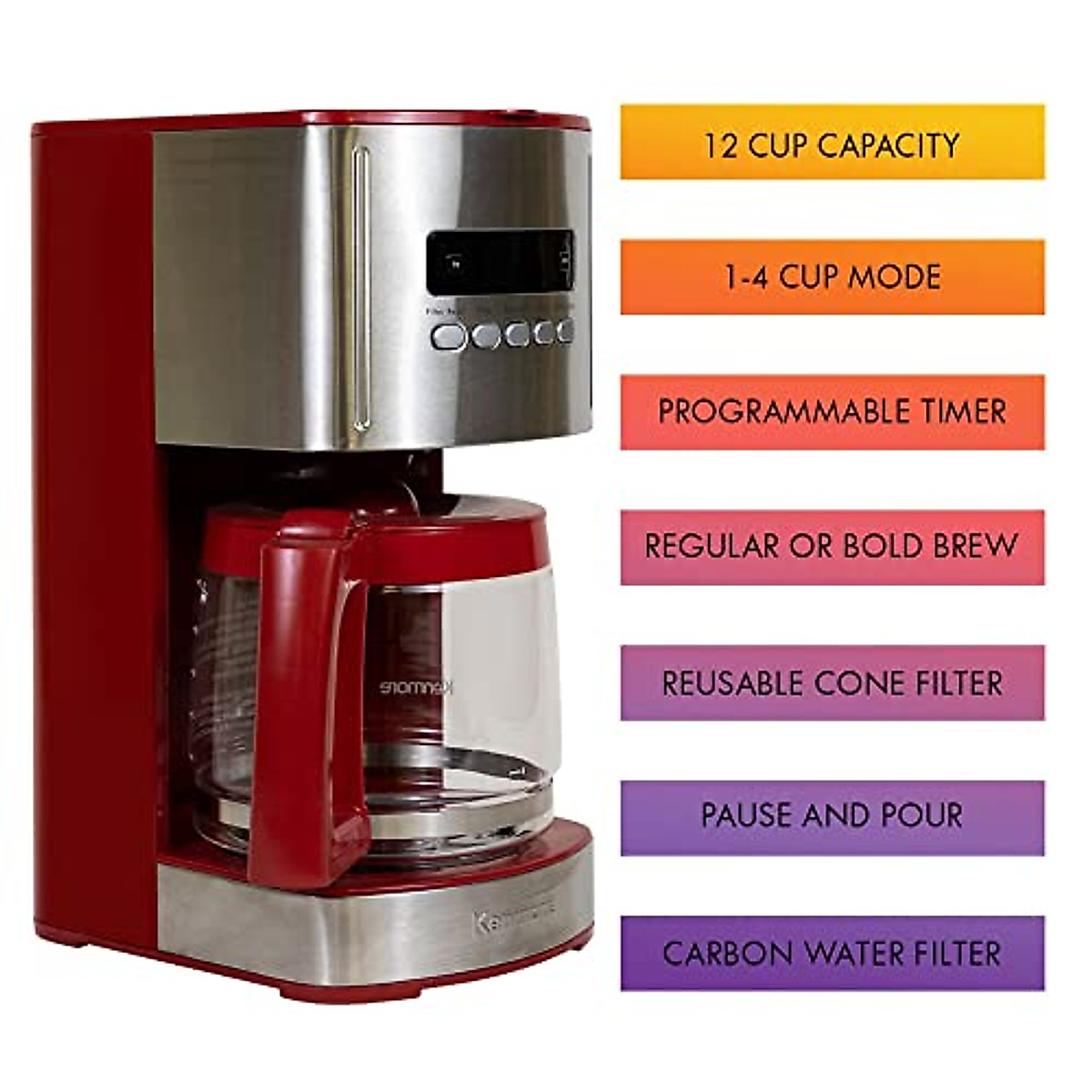 Kenmore Aroma Control 12-Cup Programmable Coffee Maker, Red and Stainless Steel Drip Coffee Machine, Glass Carafe, Reusable Filter, Timer, Digital Display Charcoal Water Filter, Regular or Bold