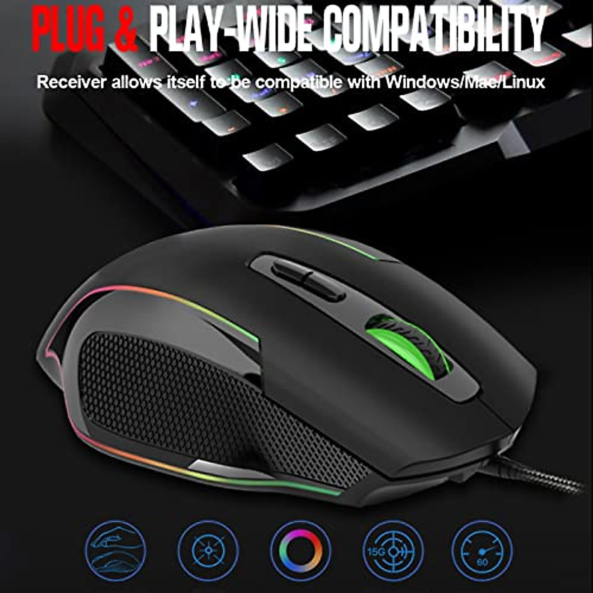 Yolispa Wired Mouse 7- Key Macro Programmable Gaming Mouse with Breathing Light 6400DPI Adjustable for PC Game Office Work