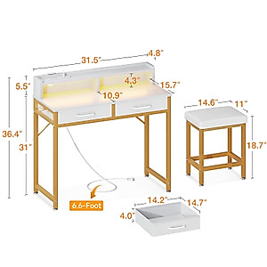 AODK Vanity Desk with Vanity Chair, Makeup Vanity with LED Lights, White Small Vanity Desk Without Mirror, 32 Inch Makeup Table for Small Space with 2 Fabric Drawers, Desk Make Up Vanity for Girls