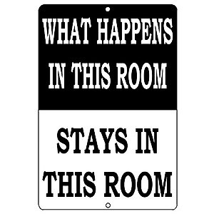 Rogue River Tactical Funny Metal Tin Sign, 12x8 Inch, Wall Décor -Man Cave Bar Home Bedroom Door What Happens in This Room Stays in This Room