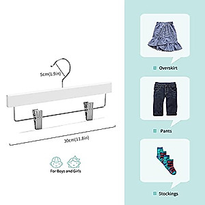 Nature Smile 11.8'' Kids Baby Toddler Children Solid Wooden Pants Hangers,Wood Skirts Hangers,Trousers Bottom Hangers with 2-Adjustable Clips Anti-Rust Hook Pack of 10 (White)