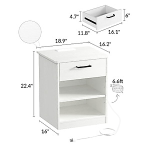 ODIKA Everyday Side Table with Fast Charging Station - USB C Cable Fast Charging, Wooden White Nightstand Bedside Table with Drawer, End Table with Optional Adjustable Shelf for Bedroom, Set of 1