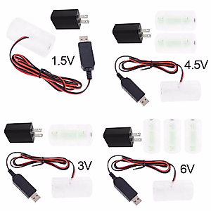 S-YUWEN 2m 1.5V 3V 4.5V 6V LR20 D Cell Battery Eliminator with US Plug USB Power Adapter 2m Cable Replace 1 to 4pcs 1.5V LR20 D Size Battery