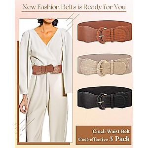 SATINIOR 3 Pieces Women Wide Belt for Dress Women Dress Belt Stretchy Cinch Leather Elastic Belt for Ladies Dress Decoration (Black, Khaki, Beige with Gold Buckle,S)