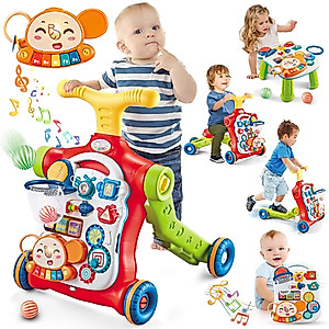Baby Walker 5 in 1,VATOS Sit-to-Stand Learning Walker,Assemble as Scooter/Balance Bike/Push Walker/Activity Table/Detachable Panel,Push Walkers Toys with Music for Toddlers Infant Boys Girls