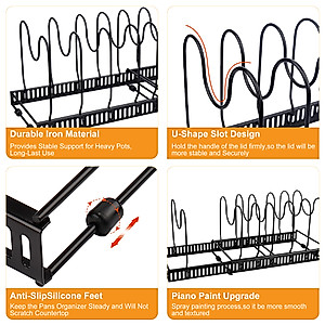 Pots and Pans Organizer,Expandable Pot Rack Organizer for Cabinet, Pot Lid Organizer Holder with 10 Adjustable Compartment Pans Holder for Kitchen Cabinet Cookware Baking Frying Rack Bake Ware Storage