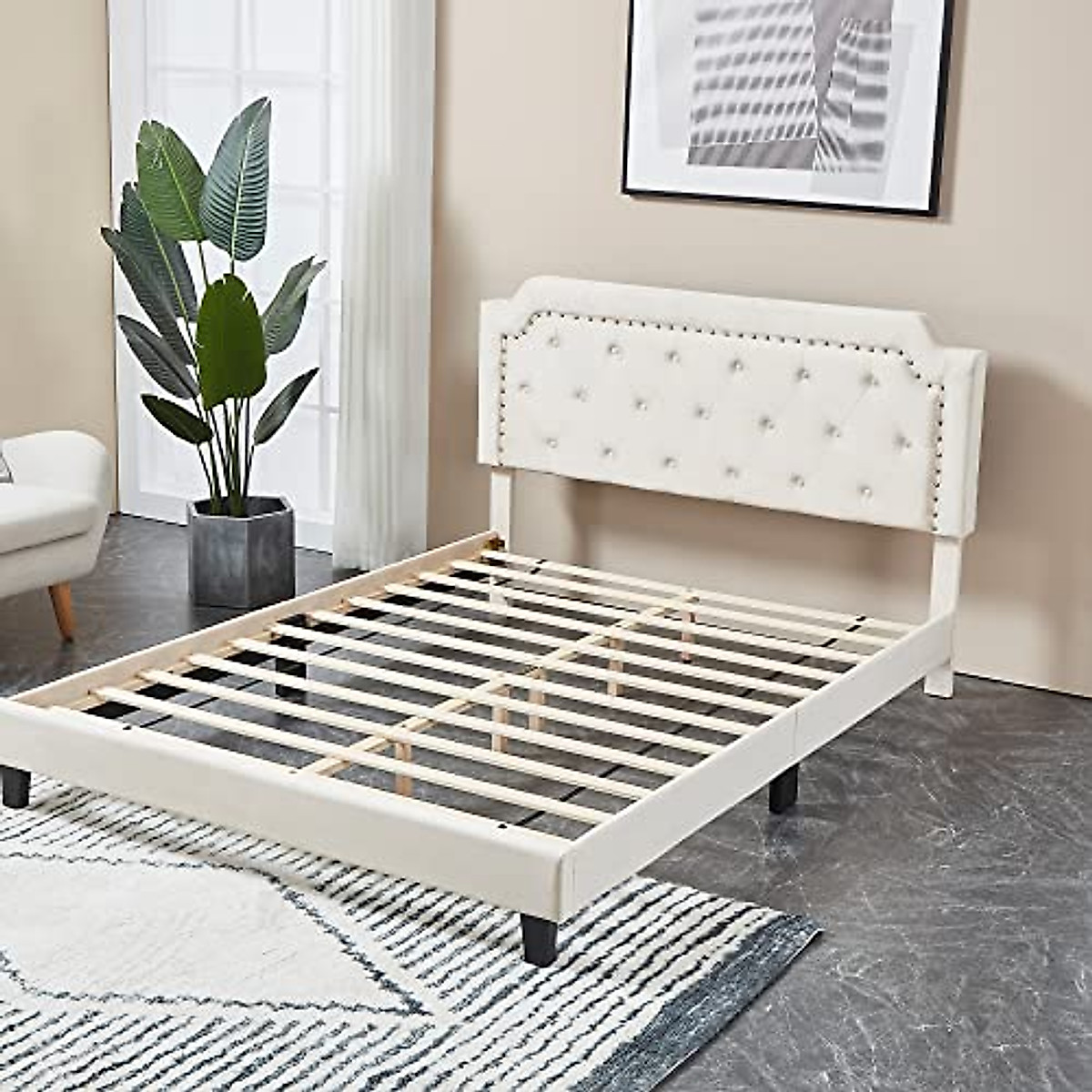 SunsGrove Queen Bed Frame, Velvet Upholstered Platform Bed with Curved Button Tufted Headboard with Nailhead Trim, Solid Wooden Slats Support, No Box Spring Needed, Beige