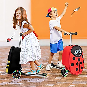 HONEY JOY Kids Scooter Suitcase, 18” Children Carry on Scooter Luggage w/Light-up LED Wheels, Waterproof Shell & Retractable Handle, Lightweight Foldable Ride on Suitcase for Kids Boys Girls(Red)