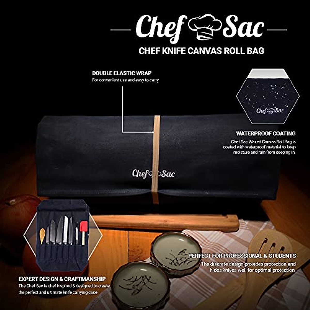 Chef Knife Waxed Canvas Knife Roll Bag| 8 Pockets for Knives & Kitchen Utensils Waterproof Material | Great Gift for Executive Chefs & Culinary Students (Blue)