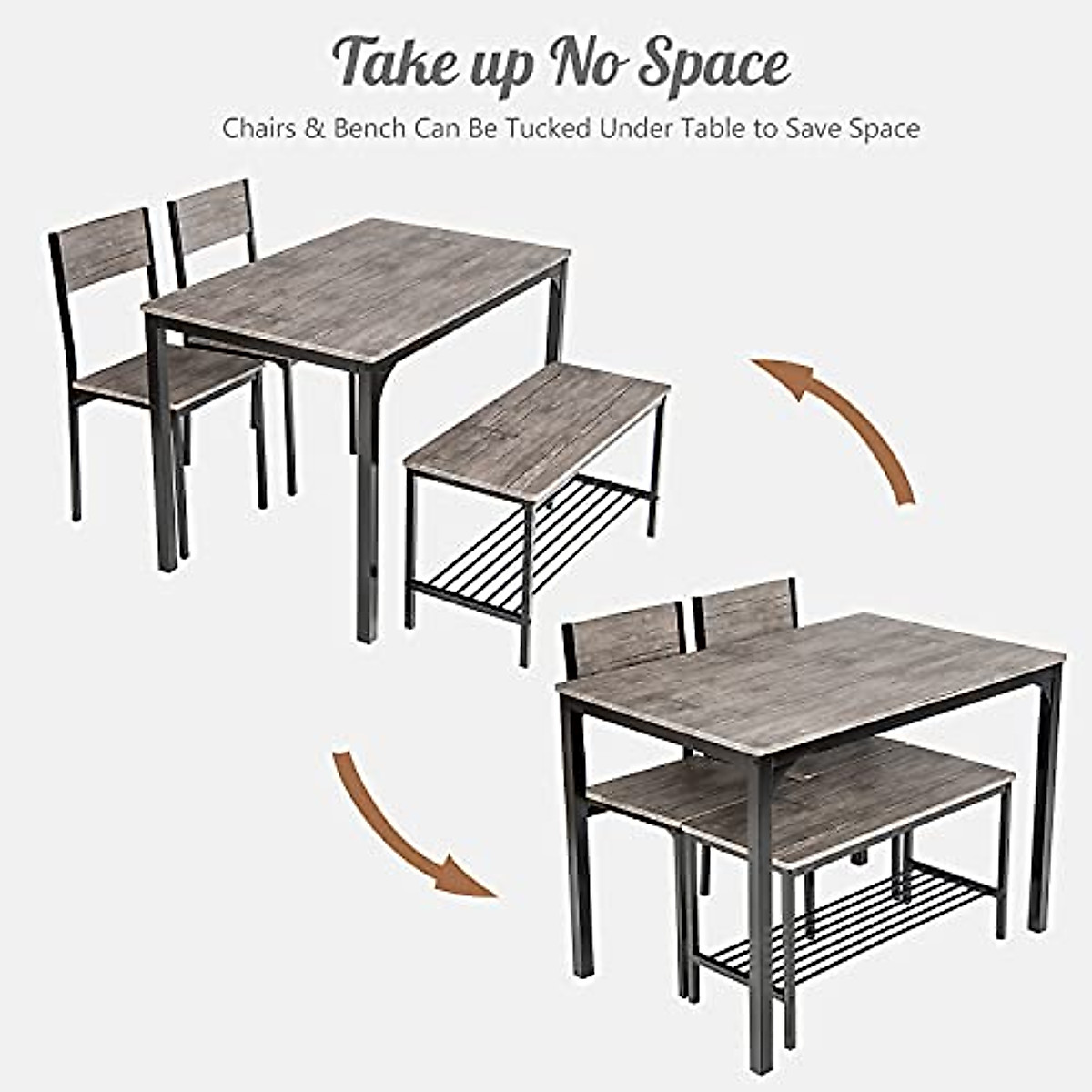 Giantex Dining Table Set for 4, Kitchen Table with Bench and Chairs, Industrial Gathering Bench Dining Set W/Metal Frame & Storage Rack, Dinette Set, Modern Functional Desk Set (Black Oak)