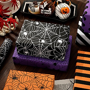 JarThenaAMCS 3 Rolls Halloween Wrapping Paper - Mini Roll - 17 Inch x 16.4 Ft Spiderweb Stripe Dot Gift Wrap Paper Double-Sided Art Paper for DIY Crafts Supplies