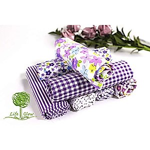 Life Glow 7pcs 20x20 inch (50x50cm) Cotton Craft Fabric Bundle Pre Cut Squares Patch Work DIY Sewing Quilting for DIY Handmade Craft Sewing Clothes Purple Style Floral, Polka dots, Stripe and Plaid