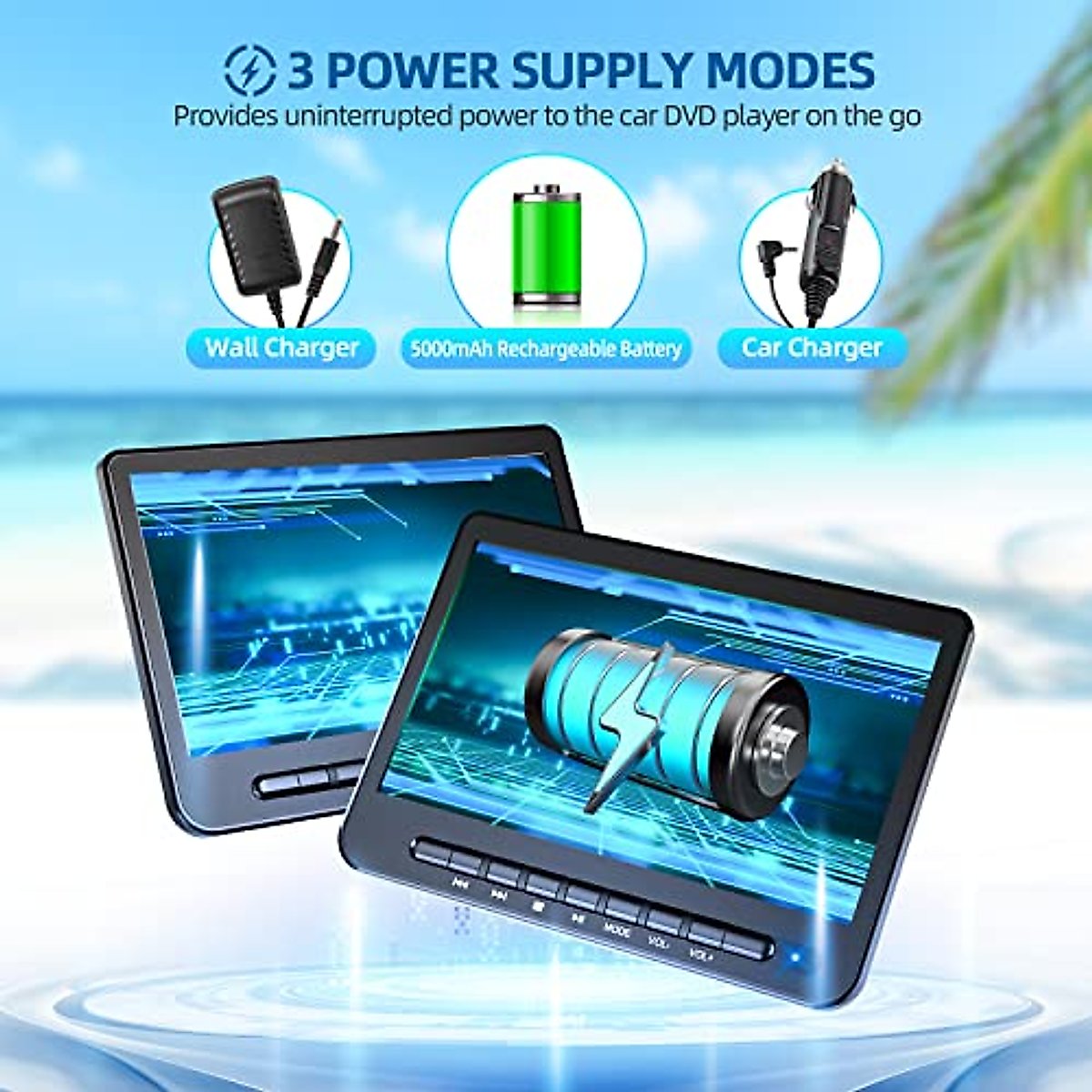 DESOBRY 10.5" Portable DVD Player for Car, Car DVD Player Dual Screen with HDMI Input, 5-Hour Rechargeable Battery, HD Transmission, Headrest DVD Player Supports USB, Last Memory (1 Player+1 Monitor)