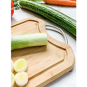 Organic Bamboo Cutting Board with Juice Groove- Best Kitchen Chopping Board for Meat (Butcher Block) Cheese and Vegetables | Anti Microbial Heavy Duty Serving Tray w/Stainless Steel Handles
