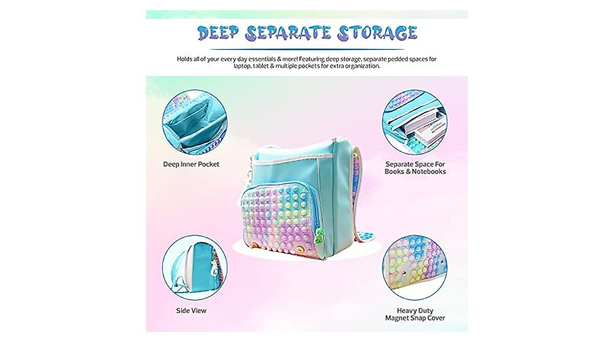 Unique Rainbow Pop It Fidget Backpack for Kids & Girls