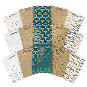 Arteza Gift Bags, 9.5 x7 x 3.4 Inches, Set of 15 with an Assortment of 2 Unique Metallic Foil Designs on 6 Kraft, 6 White, and 3 Blue Paper Bags, 3 of Each Style