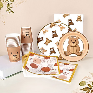 Brown Teddy Bear Baby Shower Plates - Teddy Bear Paper Plates,Disposable Cups,Napkin with Firework Pattern in Golden Border for 24 Teddy Bear Theme Party Supplies ,Baby Shower Wedding Birthday Party