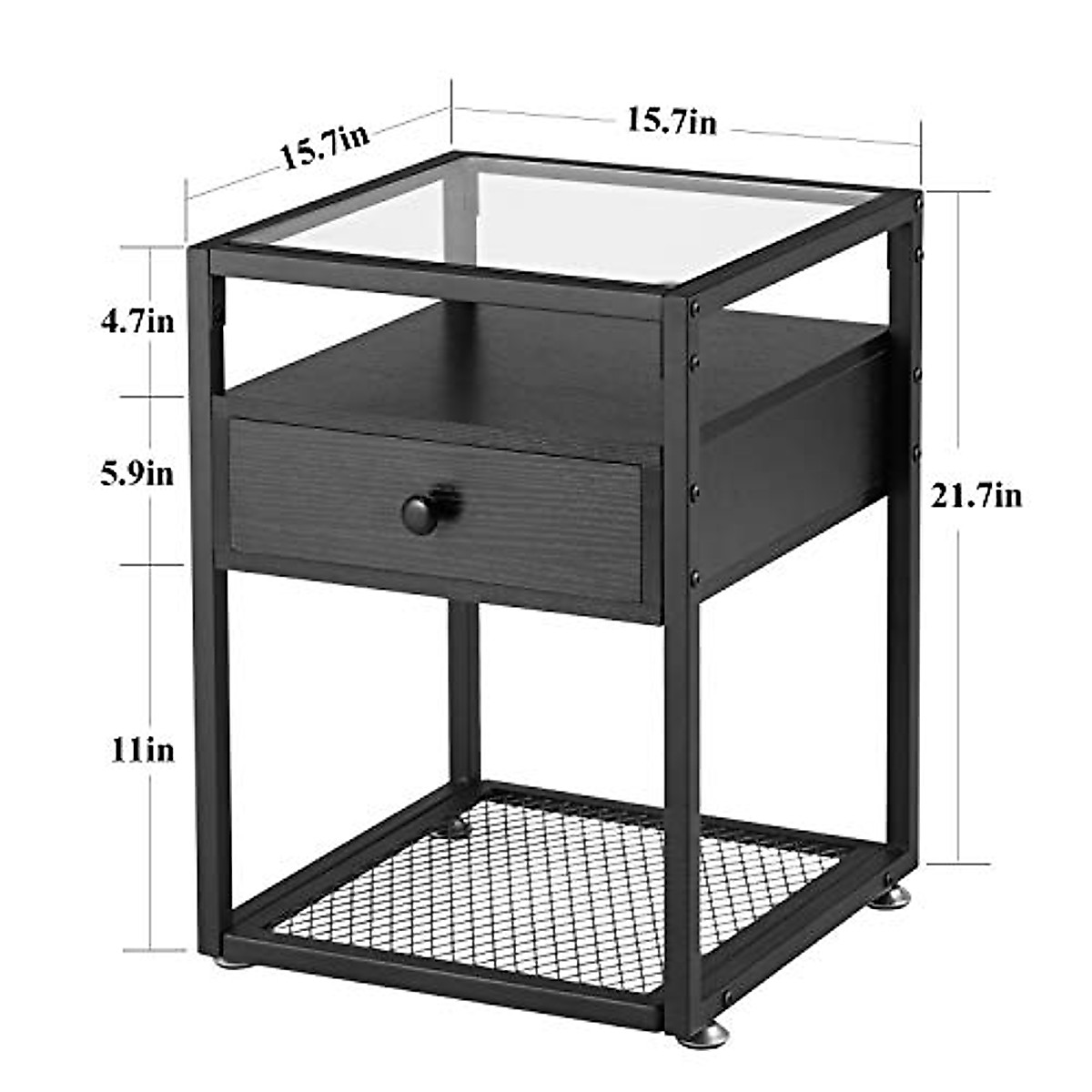 VECELO Bedside End Table, Modern Nightstand with Drawer, Night Stand for Living Room Bedroom, Tempered Glass, Black