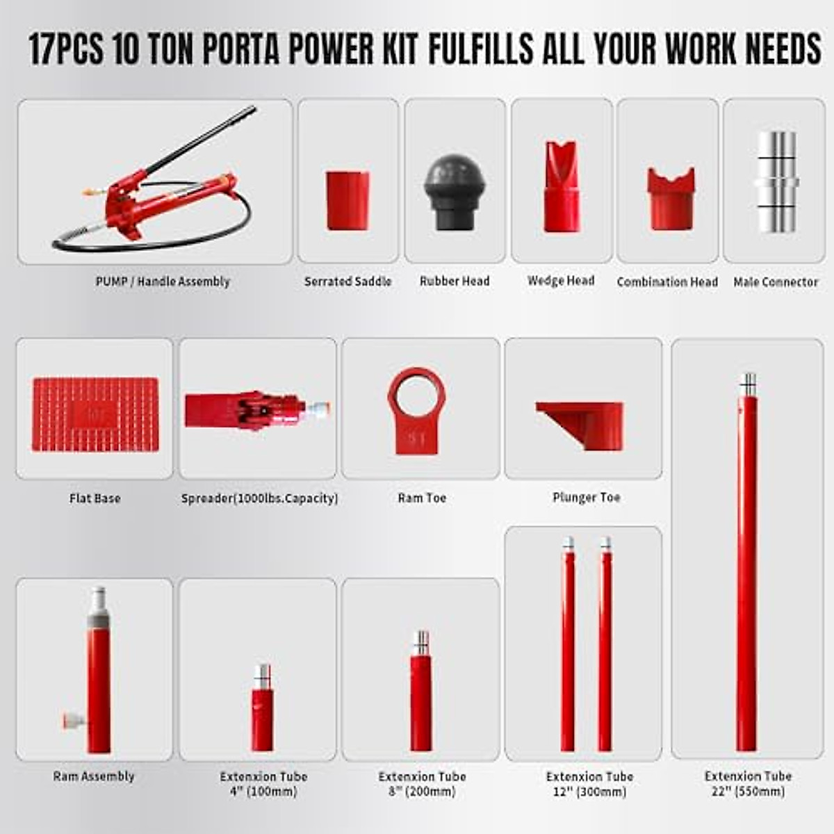 BIG RED 10 Ton Porta Power Kit, 17-pcs Hydraulic Ram Auto Body Frame Repair Kit with Blow Mold Carrying Storage Case, 20,000 lbs Capacity,Red, T71001L Torin