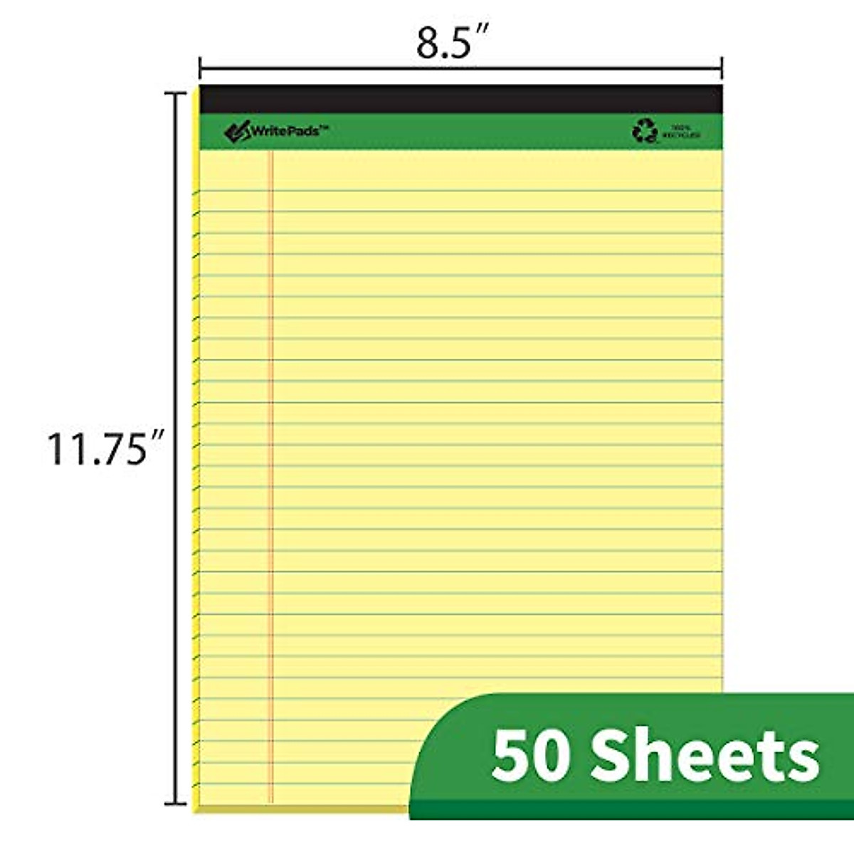 KAISA Legal Pads Writing Pads Recycled Paper, 8.5"x11.75" Wide Ruled Perforated 50 sheets Notepads 8-1/2"x 11-3/4" Writed Pad, Canary (Pack of 12pc) KSU-5668