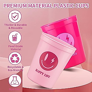 24 Pcs Preppy Party Plastic Cups 16oz pink Smile Face Drinking bar Cups bulk Reusable Plastic shatterproof Stadium Cups Personalized beer Mugs for Preppy Birthday friends parties Bachelorette Party