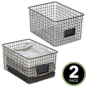 mDesign Large Metal Farmhouse Storage Organizer Bin Baskets with Label Slot for Closet, Cabinet, Cupboard - Wire Organizing Basket Holds Clothing, Linens, Shoes, Omaha Collection, 2 Pack, Matte Black