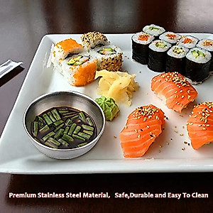 BILLIOTEAM 6 Pcs Stainless Steel Sauce Dishes, Round Seasoning Bowls, Mini Appetizer Plates, Sushi Dipping Bowl Mixing Saucers (3.15 x 1.18 Inch)