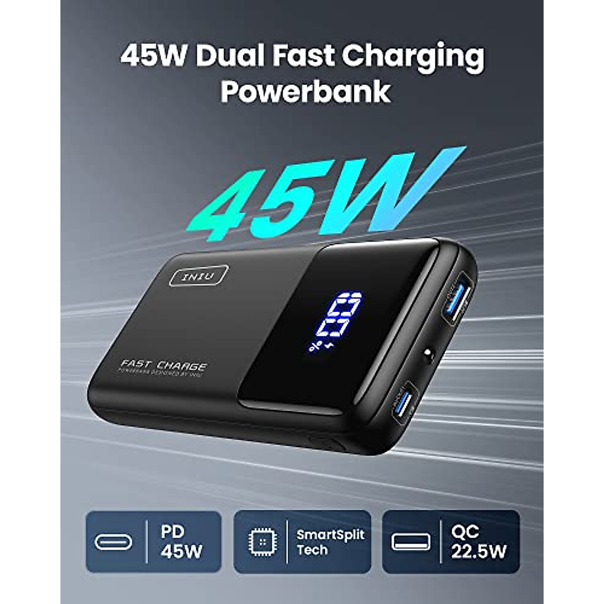 INIU Portable Charger, 45W USB C Power Bank Fast Charging with 15000mAh PD QC External Phone Battery Pack for iPhone 14 13 12 11 Pro Max X 8 iPad MacBook Steam Deck Samsung S22 S21 S20 Tablets PPS