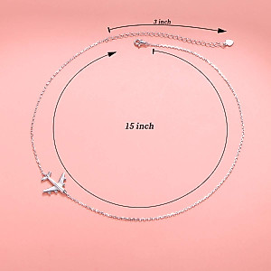 Airplane Sideways Choker Necklace S925 Sterling Silver Aircraft Jelwery Adjustable Chain 15+3 Inch for Women Lady, Best Gifts for Stewardess Flight Attendants (Choker)