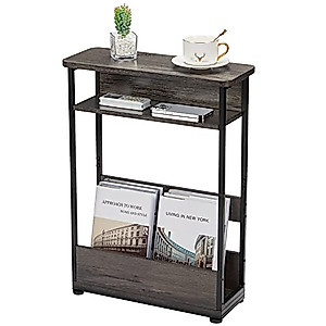Vintage Narrow Side Table with Storage Shelf, 3 Tier Slim End Table Modern Sofa Table for Narrow and Small Spaces, Bedside Table Small Nightstand with Magazine Rack/Grey, 7.1D x 18.1W x 24.6H inch