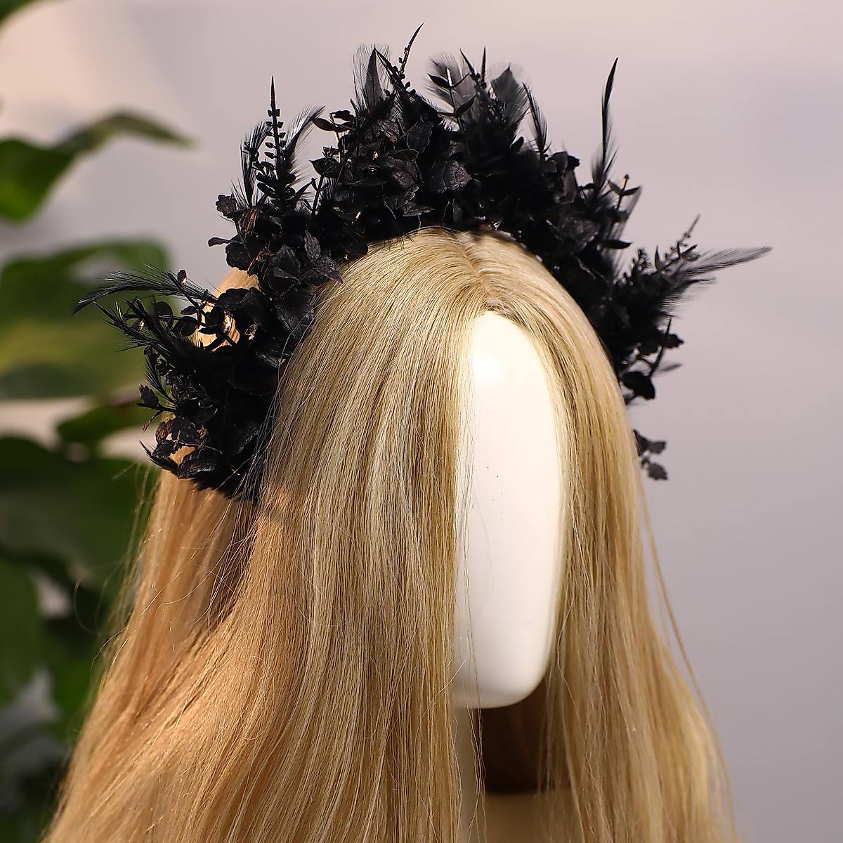 MOSTORY Black Feather Halo Crown - Handmade Dark Feather Headband Gothic Floral Hairband for Women Girls Witch Goth Wedding Renaissance Cosplay Prom Party Fae Ball Photo Shoot