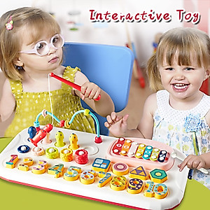 Educational Toys Learning Montessori for Kids,7 in 1 Puzzles Number Shape Sorter Counting Stacker with Number Blocks,Xylophone, Fishing Game for Toddler, Gift for3 4 5 6Year Old Boys Girls（Red）