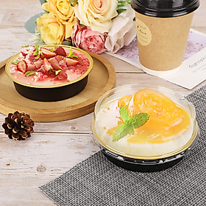 Beasea Aluminum Cupcake Pans With Lids, 4 Inch 50 Pack Disposable Pie Pans For Cake, 8 Oz Aluminum Pie Pan Tin Black Golden Tart Pans Round Oven Baking Mini Cake Pan For Pie Tart Quiche