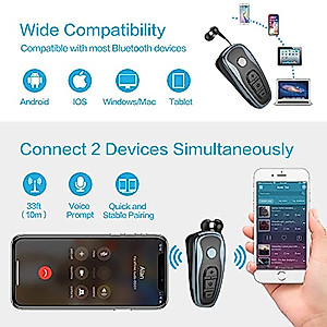 Retractable Wireless Headset Headphone Stereo Earphone V5.0 Noise Cancelling Mic Clip on Earpiece Comfortable HandsFree Headset 11Hrs Talking Time Sports Business Trucker Driver Earbud