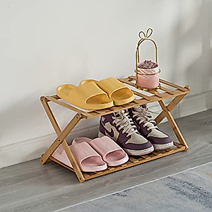 Basicwise Bamboo Foldable Shoe Rack, Free Standing Shoe Organizer Storage Rack (2 Tier), Natural (QI004329.2)