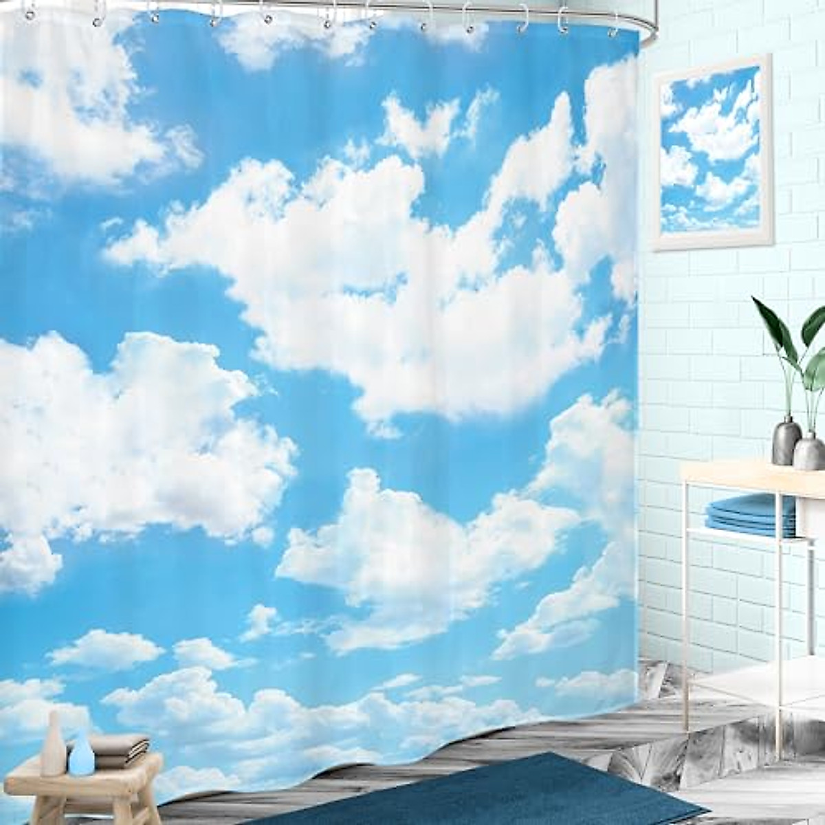 LIGHTINHOME Blue Sky Backdrop Cloud Shower Curtain 72x72 Inch Nature Landscape Scenery Waterproof Fabric Polyester Bathroom Bathtub Decoration 12 Pack Plastic Hooks