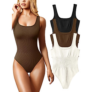 OQQ Women's 3 Piece Bodysuits Sexy Ribbed Sleeveless Square Neck Tank Tops Leotard 2025 Trendy Outfits Black Coffee Beige