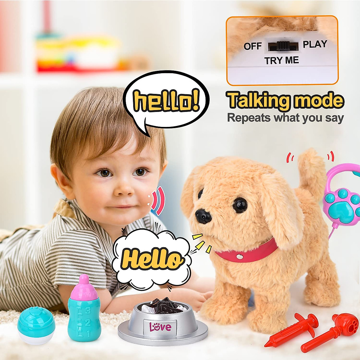 JoyGrow Electronic Plush Toy Talking Golden Retriever Pet for Girls Kids Interactive Toys Repeats What You Say,Singing,Walking,Barking,Shaking Tail,Pretend Doctor Kit