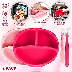 Silicone Suction Plate for Baby - 100% Food Grade Silicone Divided Plate | Toddler Self Feeding Training Suction Plate Set | BPA-Free, Microwave Dishwasher Safe Stay Put Plates (Light & Dark Pink)